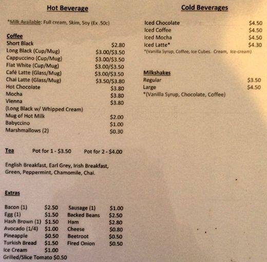 Menu at Jack's Cafe, Brisbane City