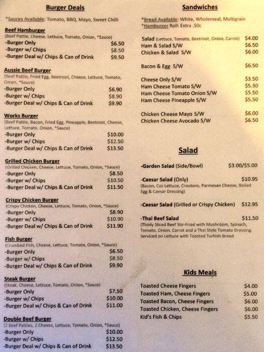 Menu at Jack's Cafe, Brisbane City