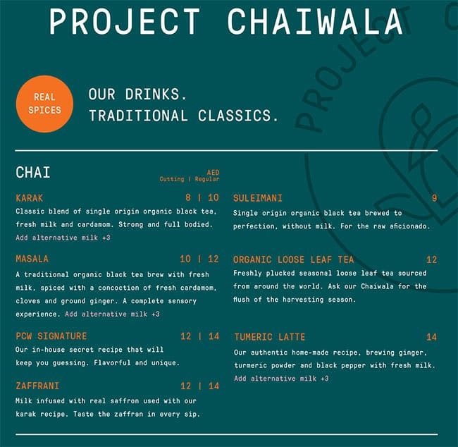 Menu at Project Chaiwala, Sharjah, Level 1