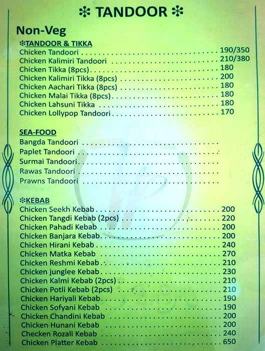 Menu of Tandoor Palace, Chandivali, Mumbai