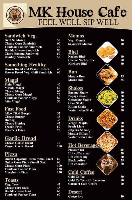 Menu of MK House Cafe, Mansarovar, Jaipur
