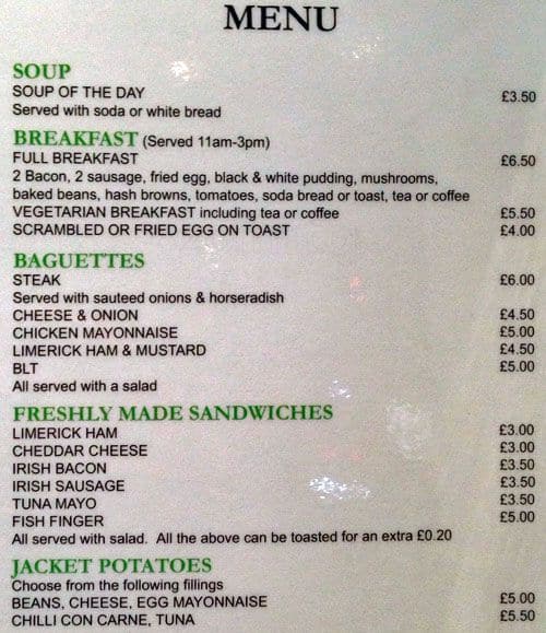 Menu at The Connolly’s Bar & Diner, London