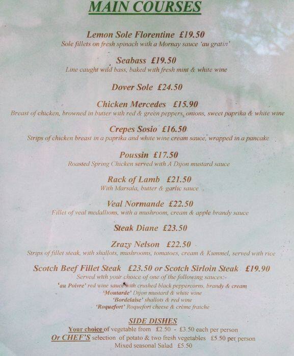 Menu at Sosio's restaurant, London