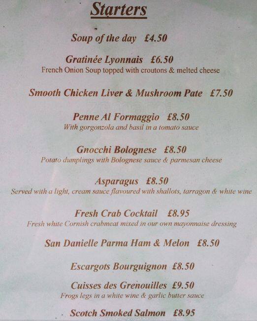 Menu at Sosio's restaurant, London