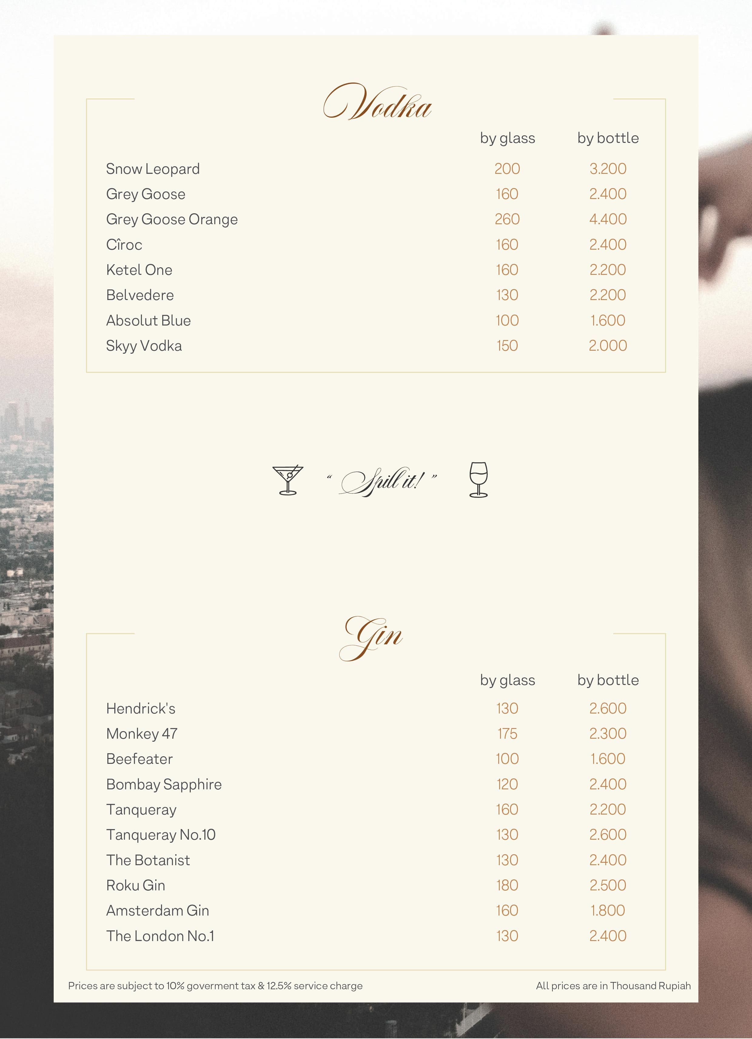 Menu at Cloud Lounge Jakarta (Rooftop) restaurant, Jakarta