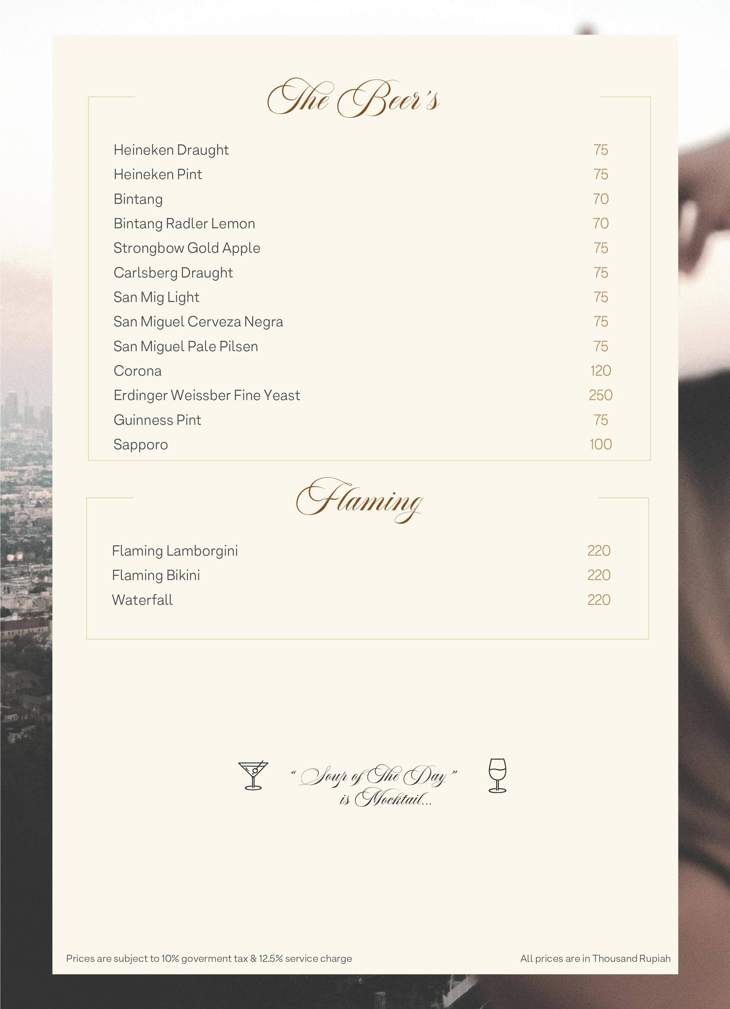 Menu at Cloud Lounge Jakarta (Rooftop) restaurant, Jakarta