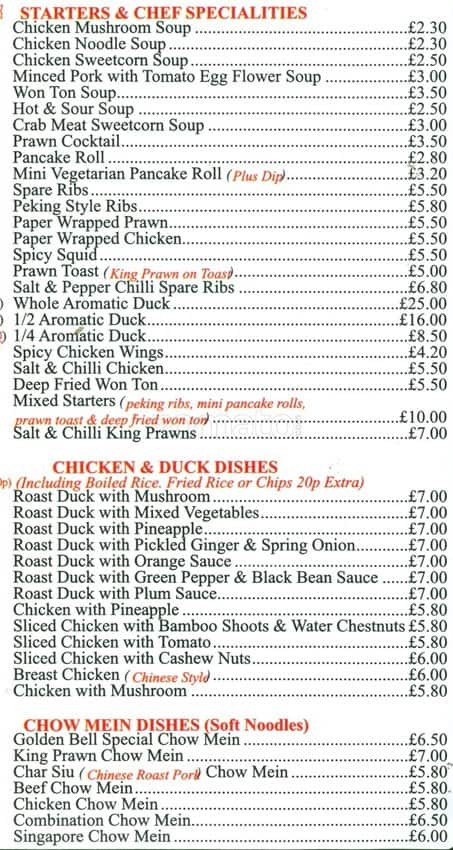 Menu at New Golden Bell restaurant, Glasgow