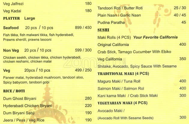 Menu at Switch, Pune