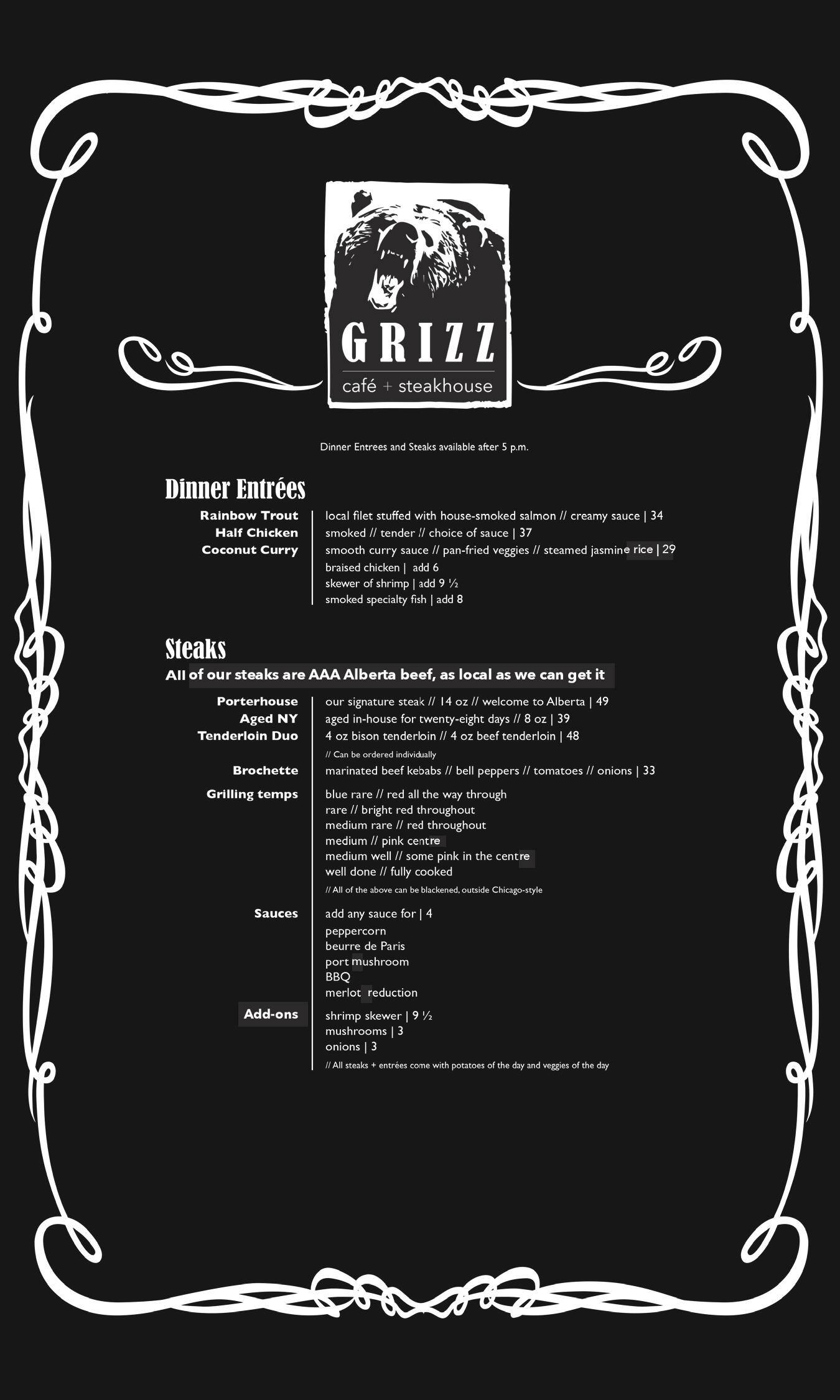 Menu at Grizz steakhouse, Waterton Park