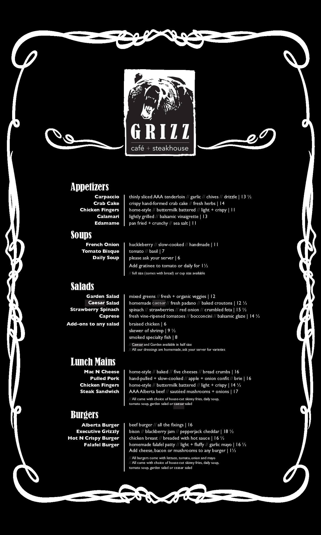 Menu at Grizz steakhouse, Waterton Park