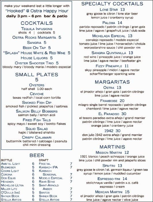 Menu at Ostra Restaurant, San Antonio