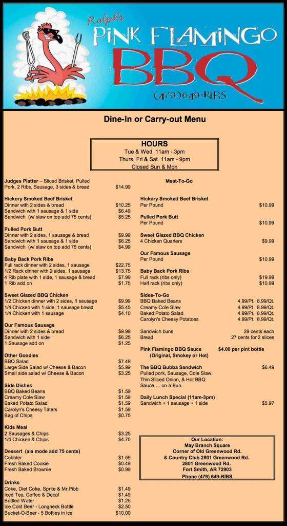 Menu at Pink Flamingo BBQ, Fort Smith