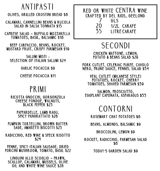 Menu at Centra restaurant, Geelong