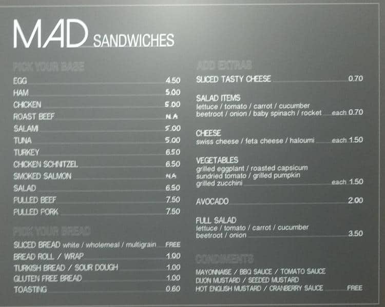 Menu at MAD Kitchen cafe, Bowen Hills