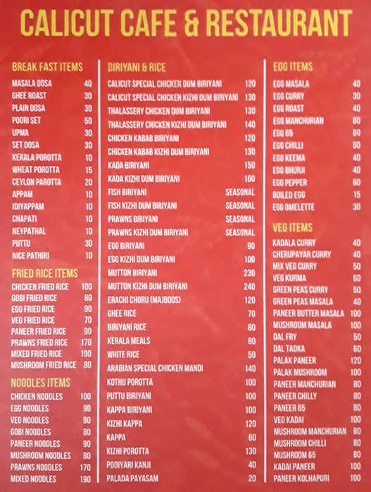Menu at Calicut kitchen, Bengaluru, 9th Cross Maruthi Nagar