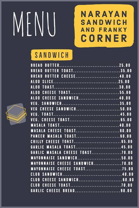Menu of Narayan Sandwich And Franky Corner, Mahakali, Mumbai