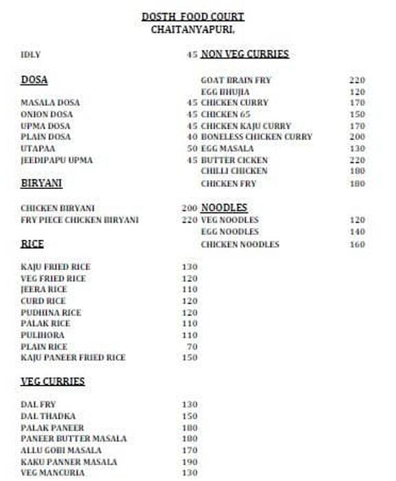 Menu of Dosth Food Court, Dilsukhnagar, Hyderabad