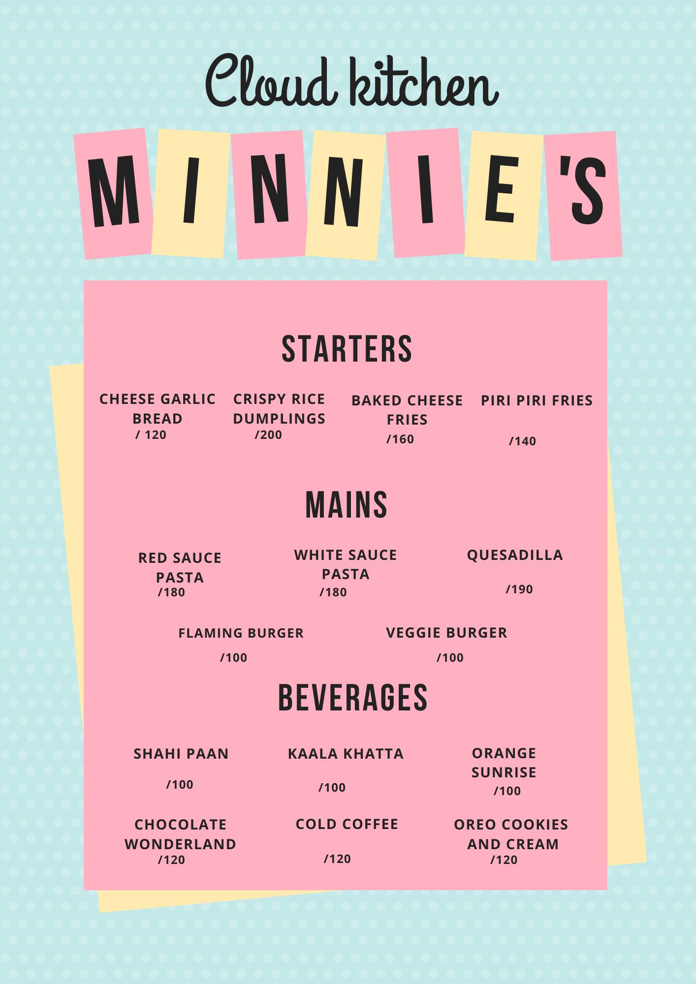Menu of Minnie's, Gamma 2, Greater Noida