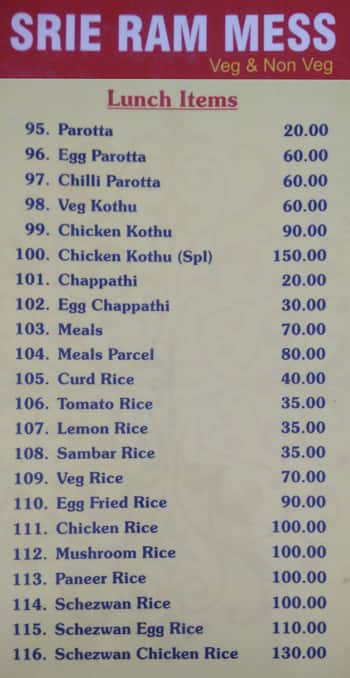 Menu at SRIE RAM MESS, Coimbatore
