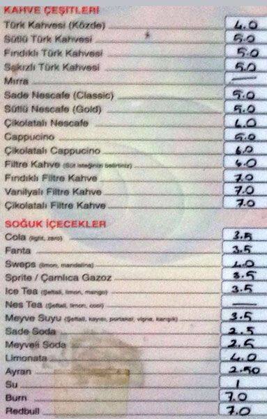 Carta de Aram Cafe, Estambul, Nail Bey Sk. No:16