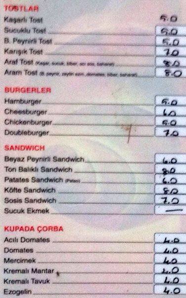 Carta de Aram Cafe, Estambul, Nail Bey Sk. No:16