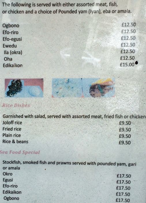 Menu at Lagos Island Restaurant, London, 417 Lea Bridge Rd
