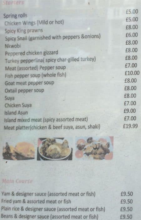 Menu at Lagos Island Restaurant, London, 417 Lea Bridge Rd