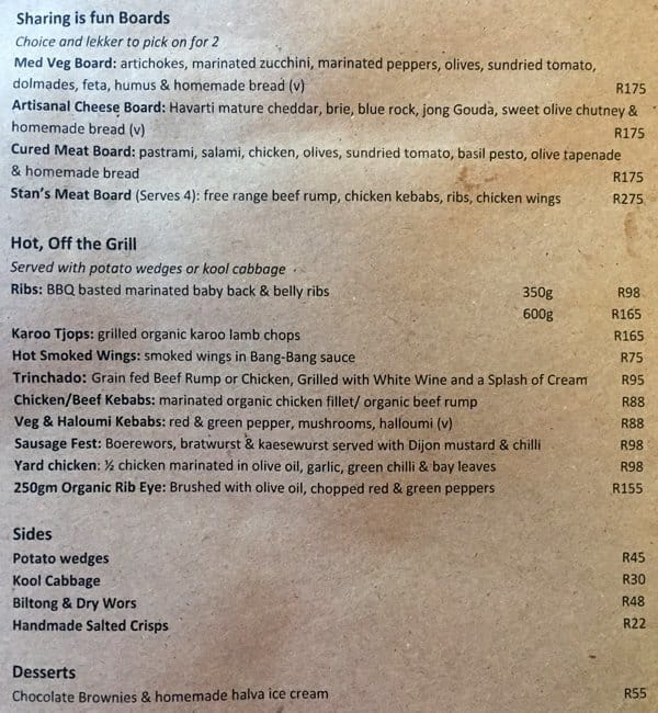 Menu at 44 STANLEY restaurant, Johannesburg