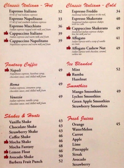 Menu at Cafe Barbera, South Jakarta, Jl. Pangeran Antasari No.36