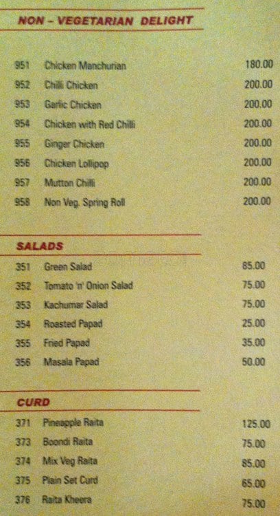 Menu at Trinca Residency, Lucknow