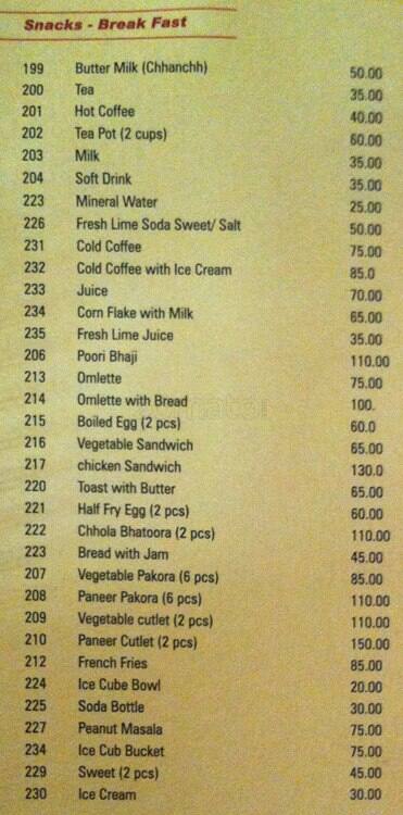 Menu at Trinca Residency, Lucknow