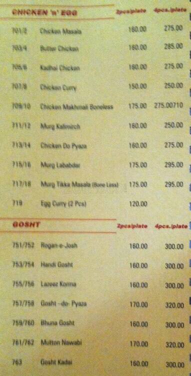 Menu at Trinca Residency, Lucknow