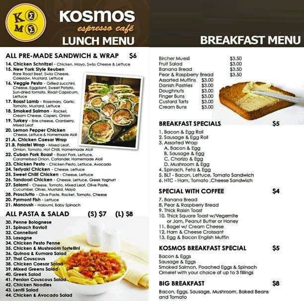 Menu at Kosmos Espresso Cafe, Sydney