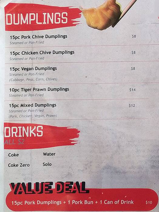 Menu at Dumpling Hut restaurant, Newtown