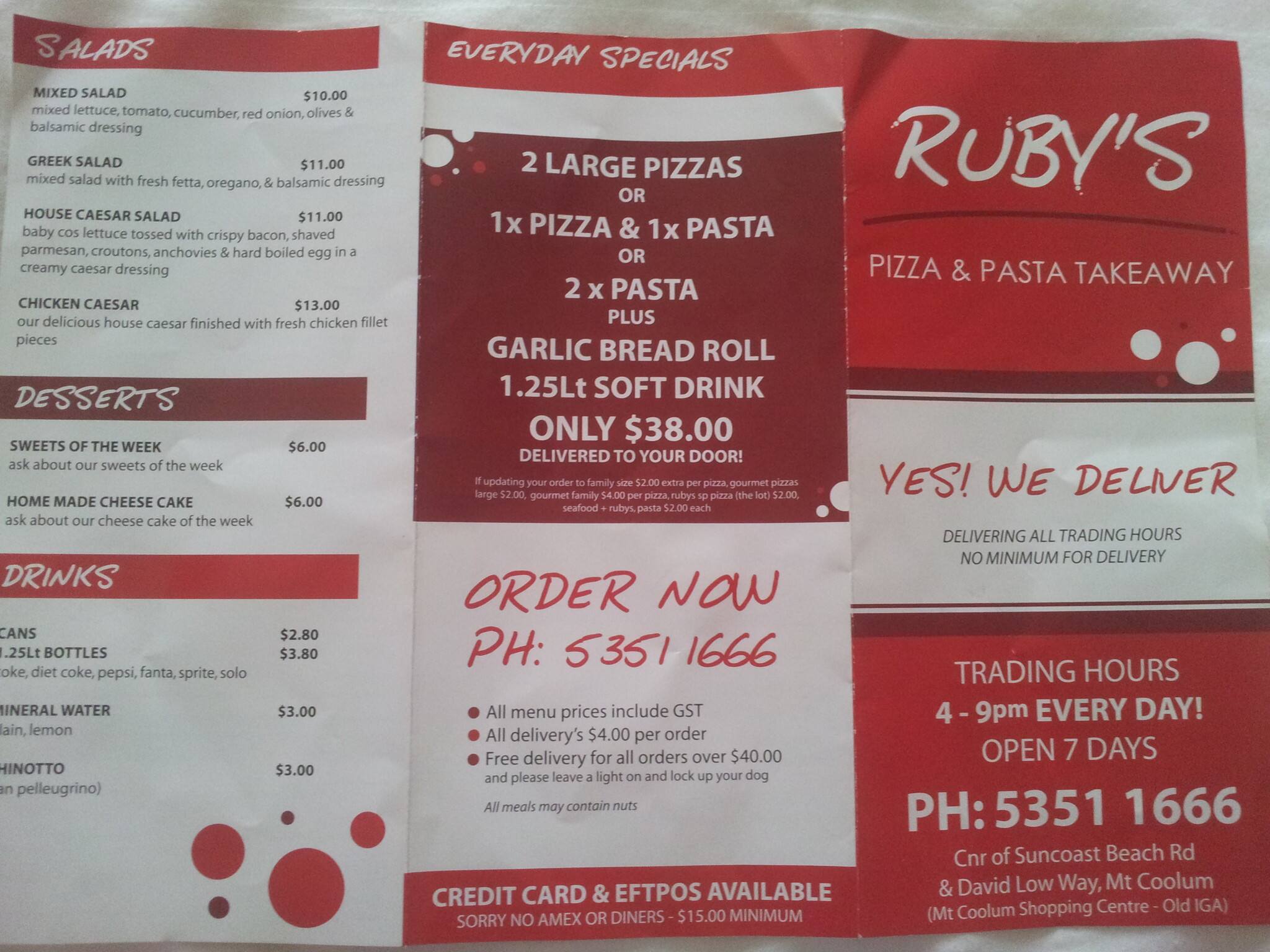 Menu at Ruby's Pizza & Pasta Takeaway pizzeria, Mount Coolum