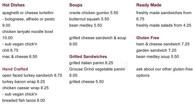 Menu at Grouse Grind Coffee Bar, North Vancouver
