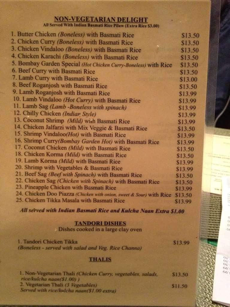 Menu at Bombay Garden Indian Cuisine restaurant, Ottawa