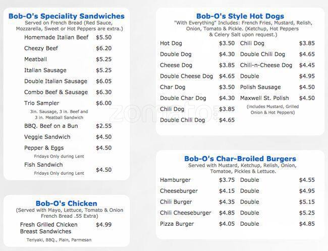 Menu at Bob-O's Hot Dogs fast food, Chicago