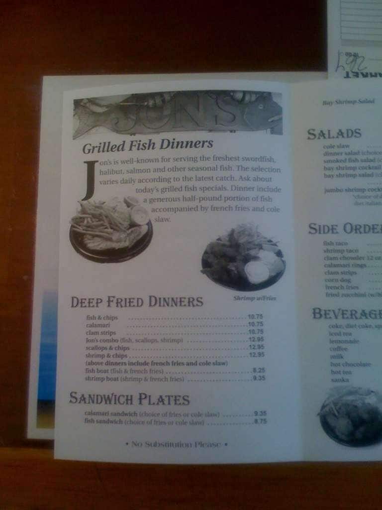 Menu at Jon's Fish Market restaurant, Dana Point