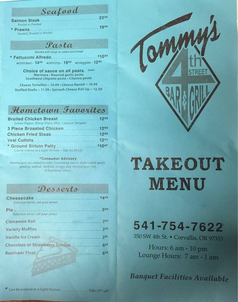 Menu at Tommy's 4th Street Bar & Grill, Corvallis