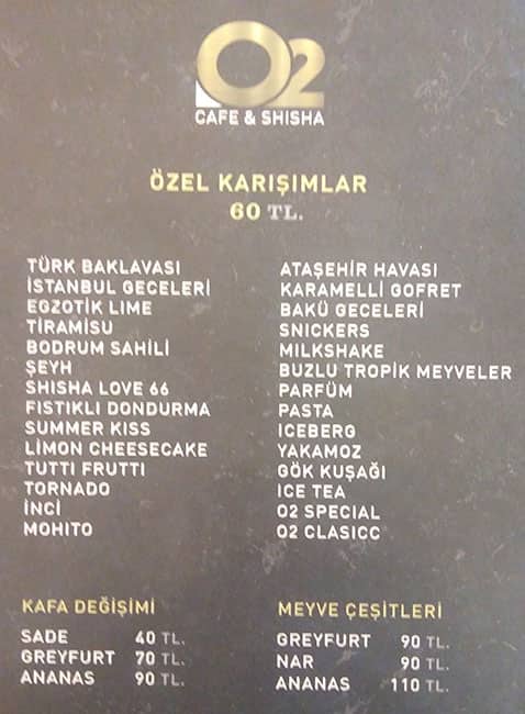 Menu at O2 CAFE & SHISHA, Istanbul