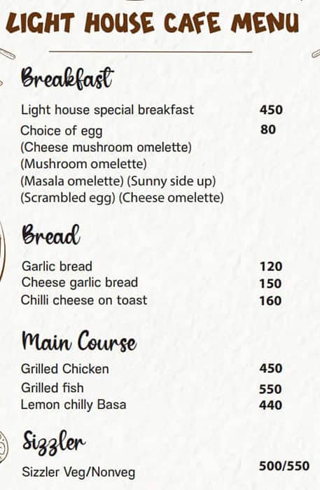 Menu of Light House Cafe, Golpark, Kolkata