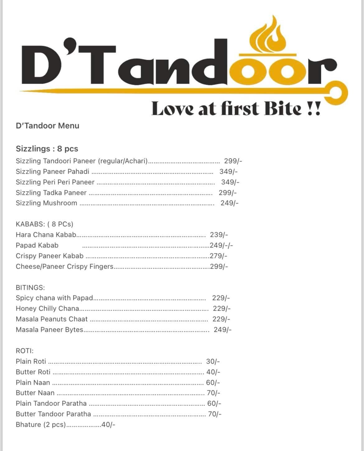 Menu of D’Tandoor, Gota, Ahmedabad