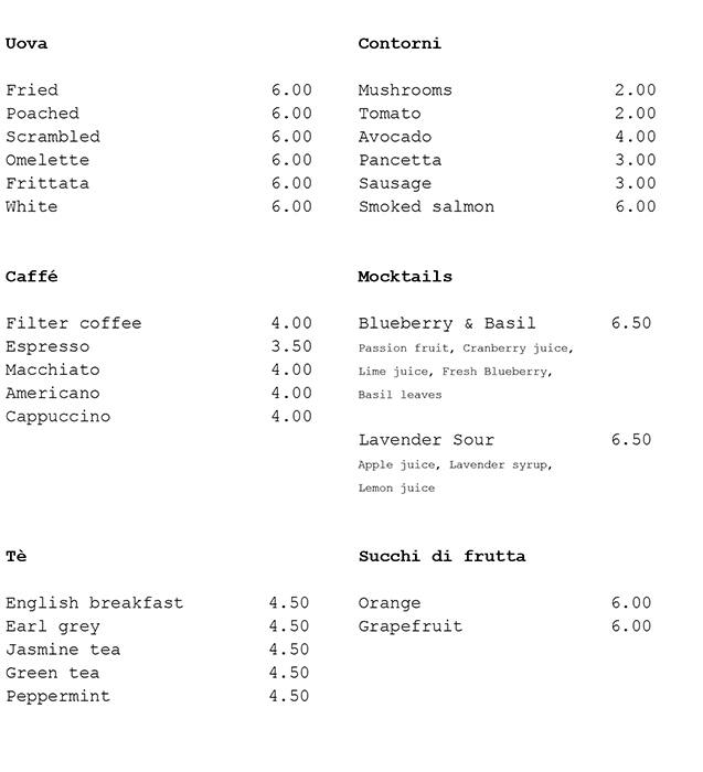 Menu at Sartoria pub & bar, London, 20 Savile Row