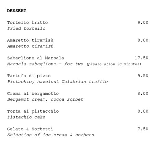 Menu at Sartoria pub & bar, London, 20 Savile Row