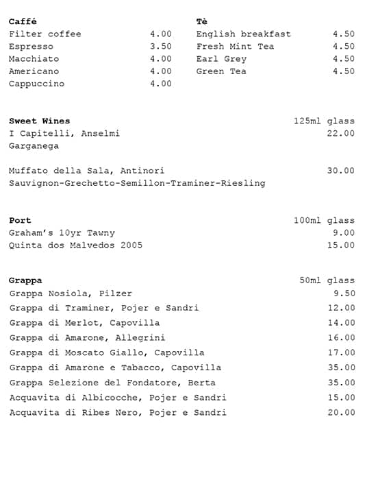 Menu at Sartoria pub & bar, London, 20 Savile Row