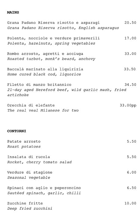 Menu at Sartoria pub & bar, London, 20 Savile Row