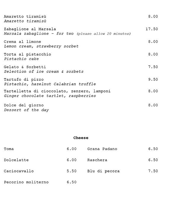 Menu at Sartoria pub & bar, London, 20 Savile Row