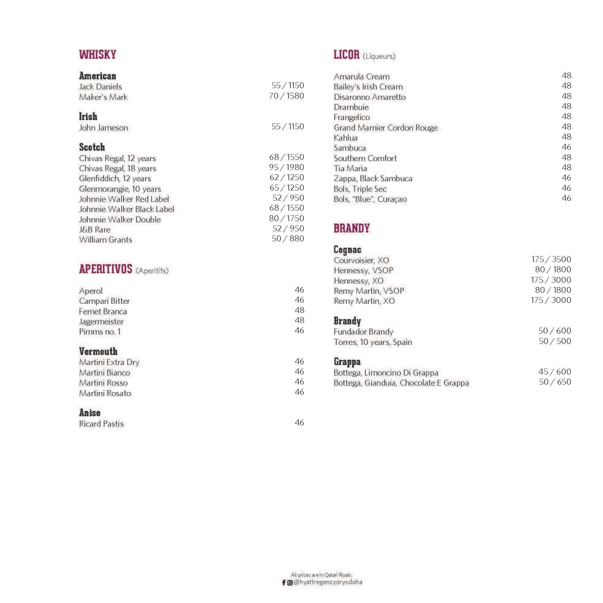 Menu at The Cellar restaurant, Doha