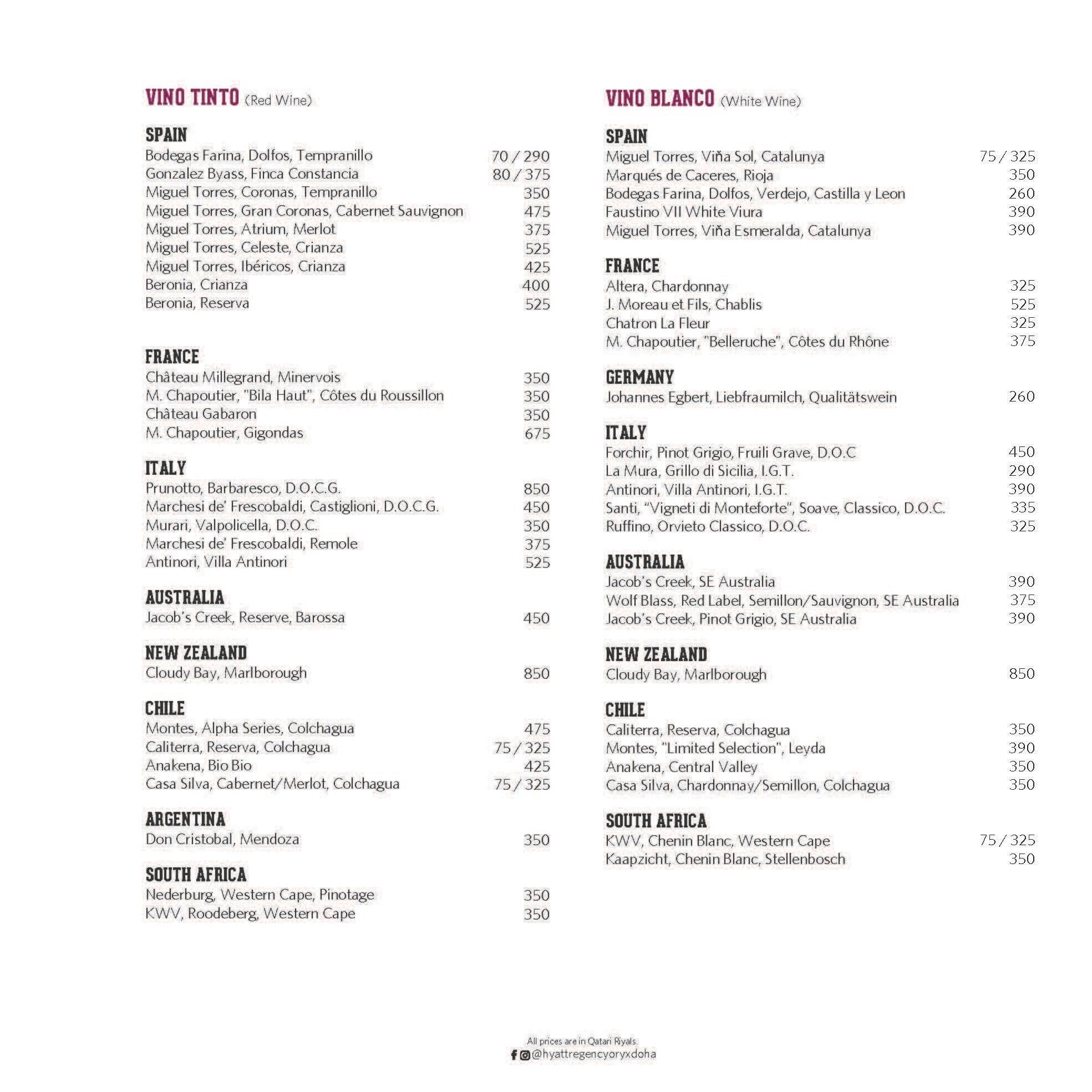 Menu at The Cellar restaurant, Doha